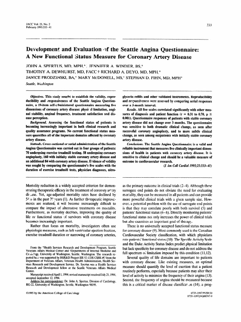Seattle Angina Questionaire | PDF | Coronary Artery Disease | Clinical ...