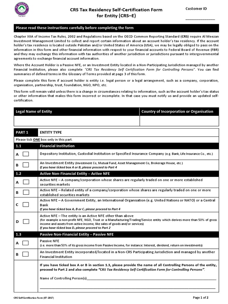 CRS Self Certification Form Entity | PDF | Securities (Finance) | Taxes