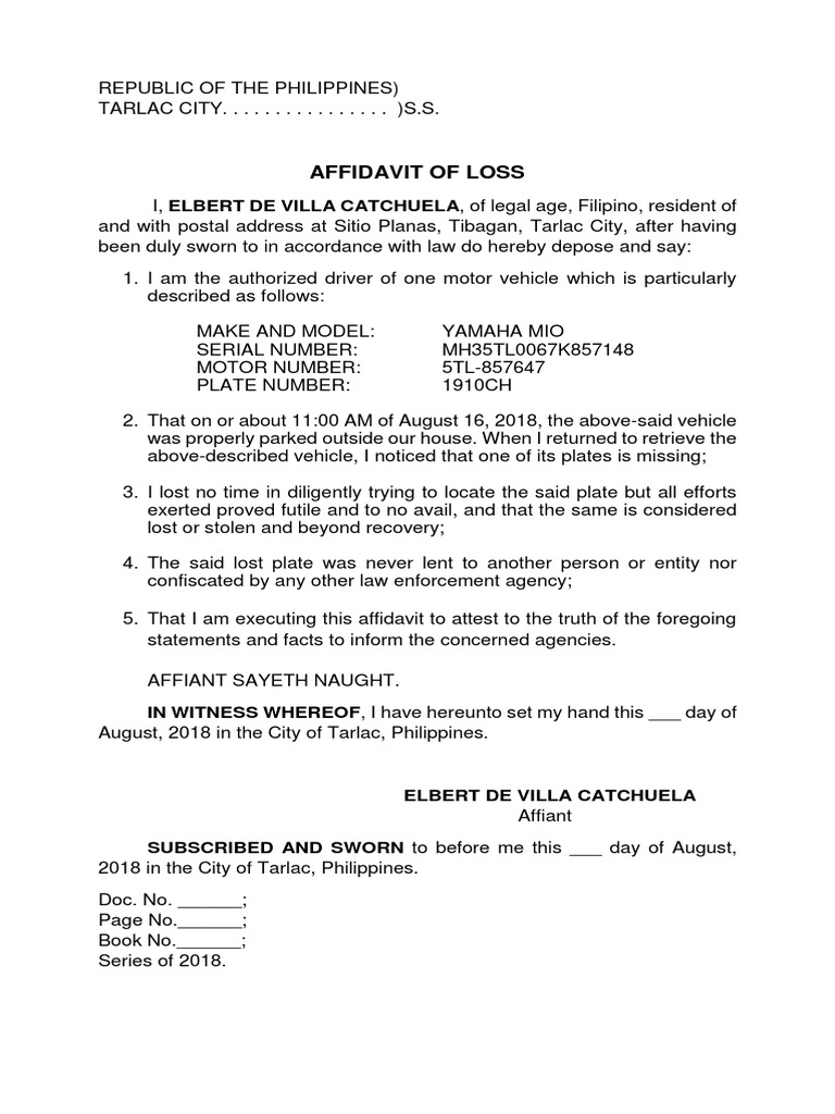 Affidavit of Loss - Plate | PDF | Law