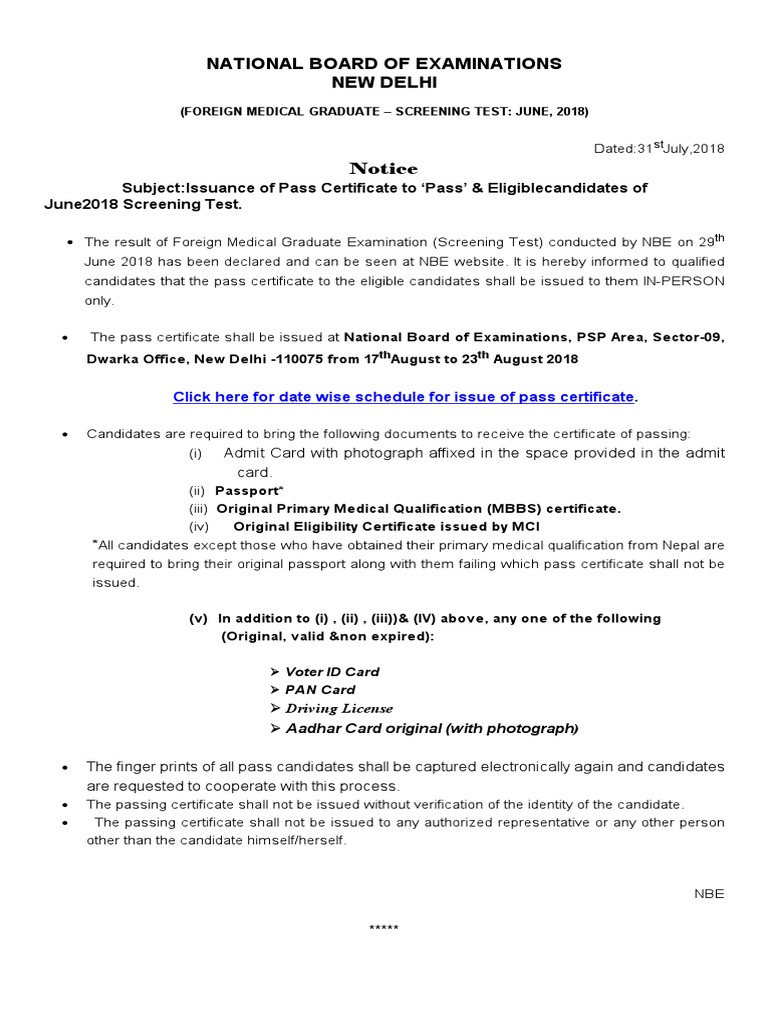 FMGE Pass Certificate Issuance Notice | PDF | Identity Document ...