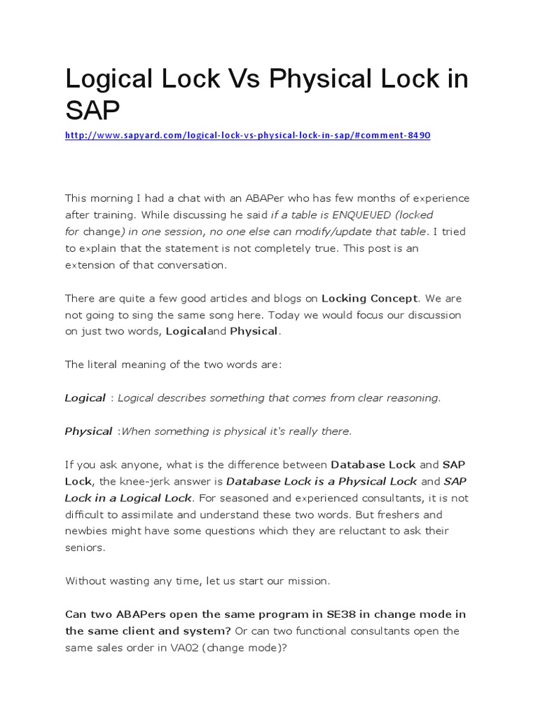 Logical Lock Vs Physical Lock in SAP | PDF | Databases | Computer Data