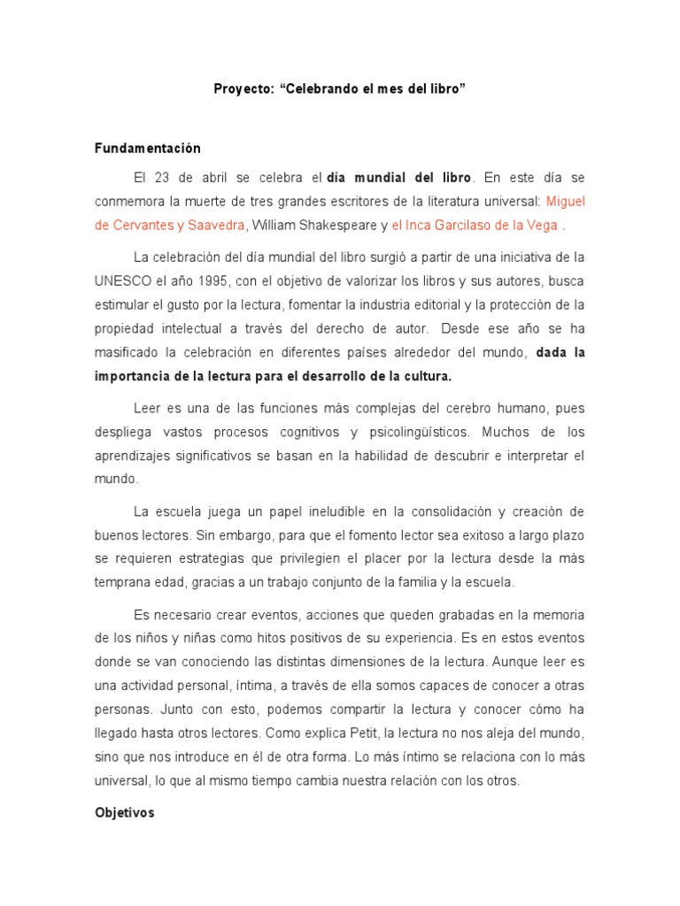 Proyecto Mes Del Libro | PDF | Lectura (proceso) | Libros