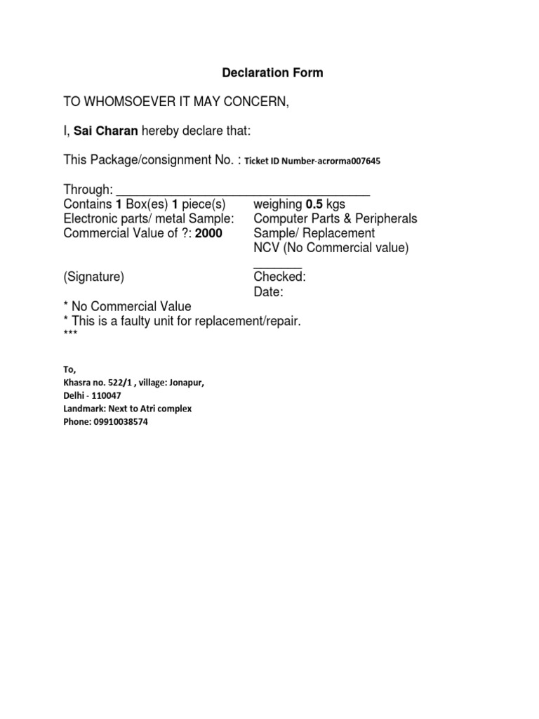 Declaration Form: Ticket ID Number-Acrorma007645 | PDF