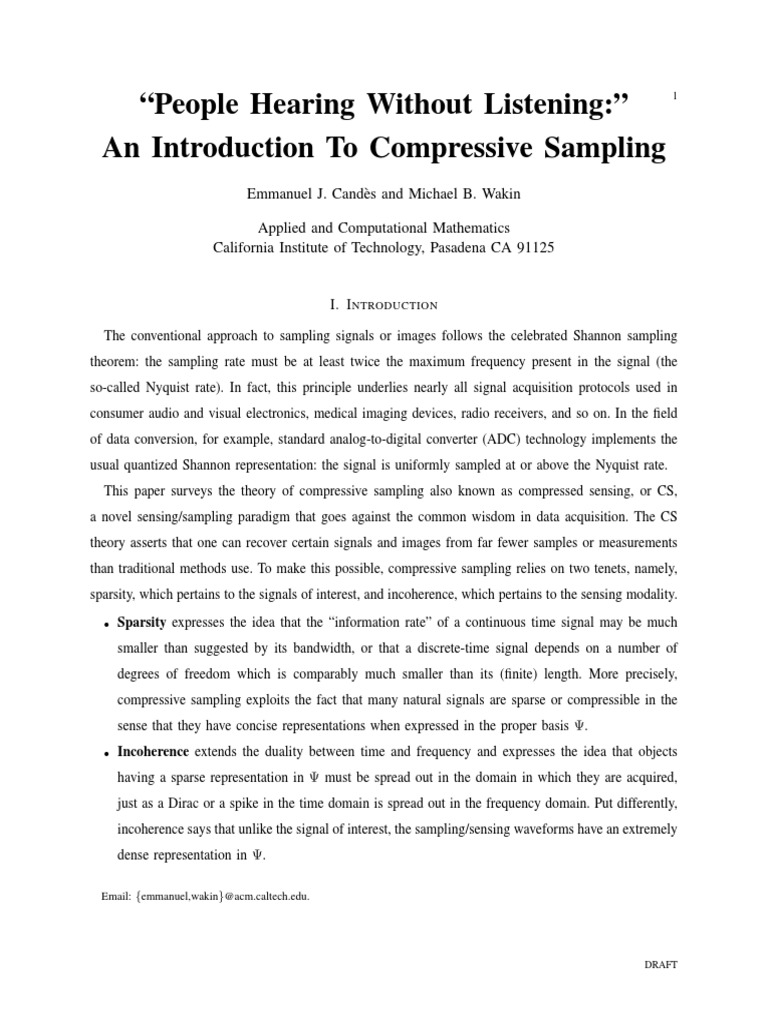 An Introduction to Compressive Sampling: Capturing Signal Information ...