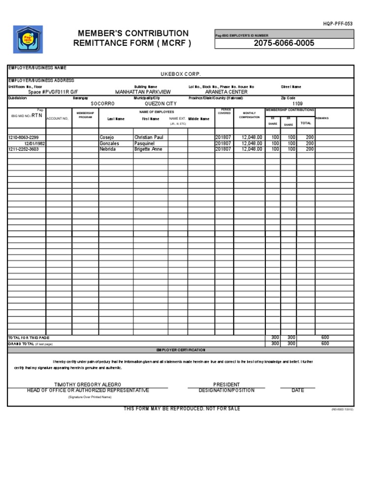 Remittance Form (MCRF) Member'S Contribution 2075-6066-0005 | PDF ...