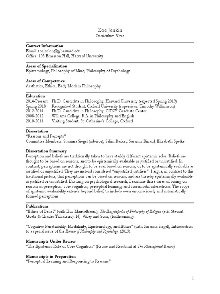 Zoe Jenkin's Philosophy CV and Research | PDF | Perception | Epistemology