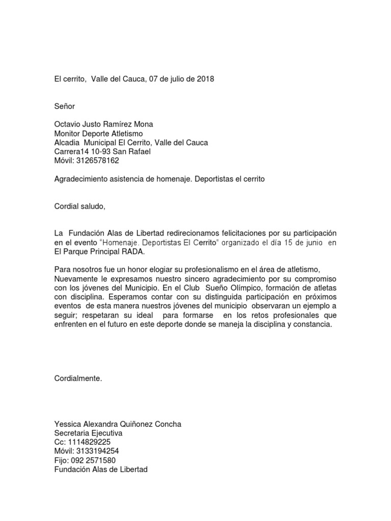 Carta de Asistencia de Agradecimiento de Un Empresario en El Deporte ...