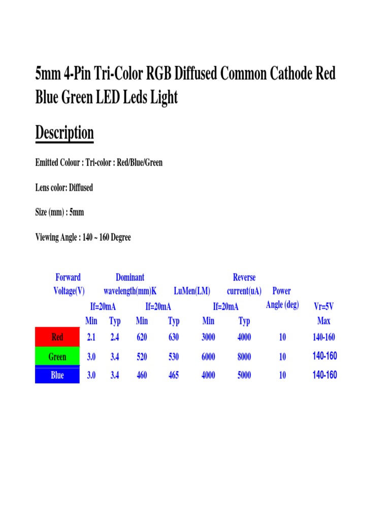 5mm 4-Pin Tri-Color RGB Diffused Common Cathode Red Blue Green LED Leds ...