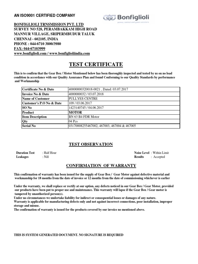 Test Certificate and Warranty Confirmation for Four BN 63 B4 FDR Motors ...