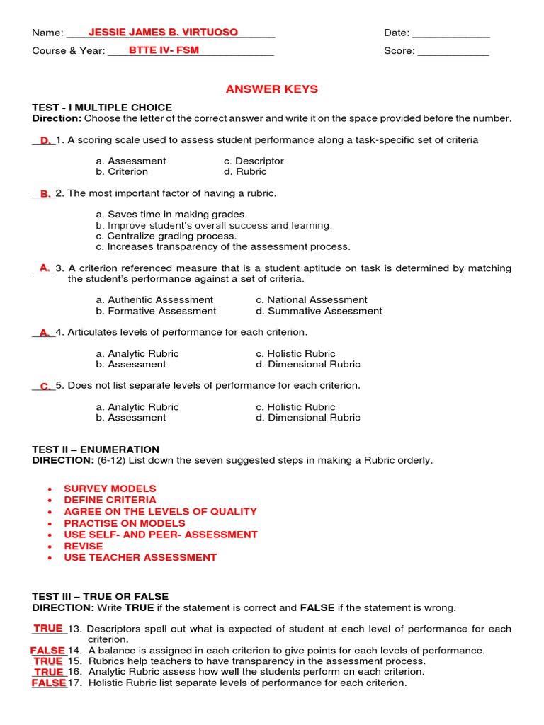ASL 2 Test James Answer Keys | PDF | Rubric (Academic) | Educational ...