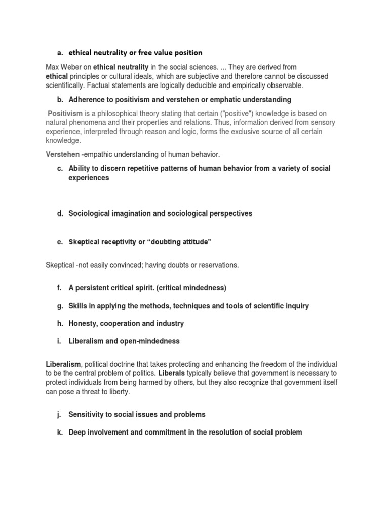 A. Ethical Neutrality or Free Value Position: Positivism | PDF | Social ...