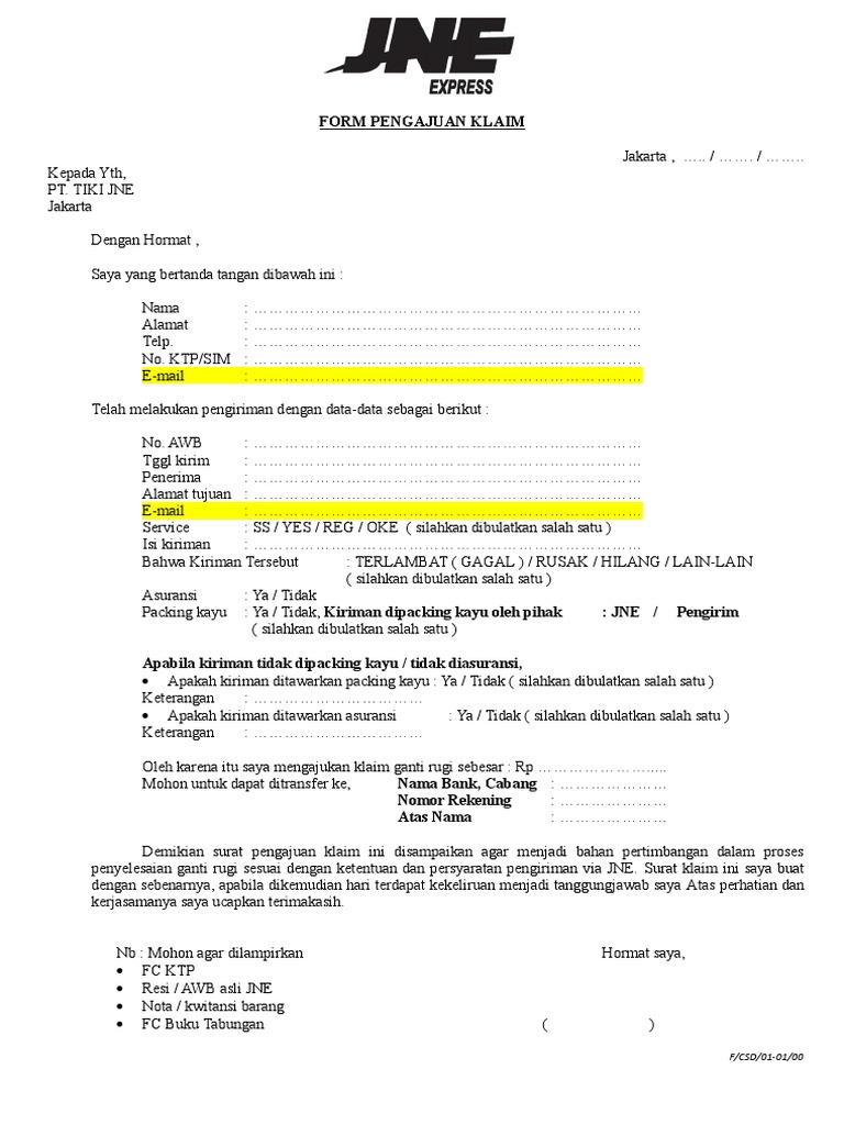 Formulir Klaim Ganti Rugi JNE | PDF