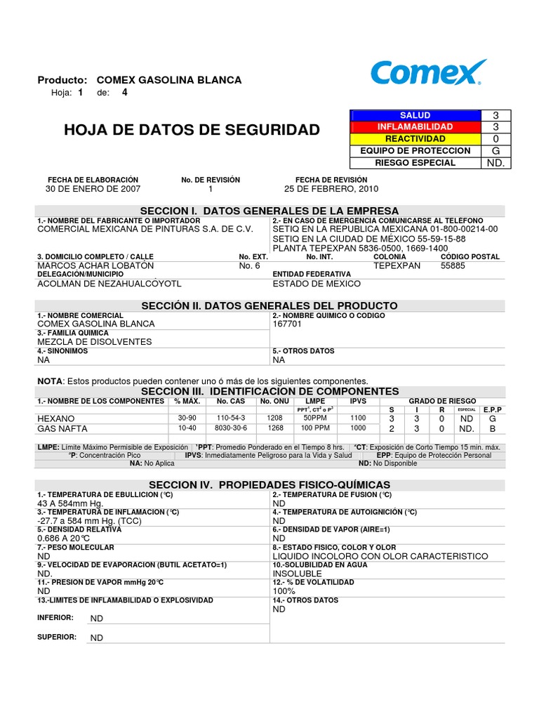 COMEX-GASOLINA-BLANCA-seguridad.pdf | Agua | Mercurio (Elemento)