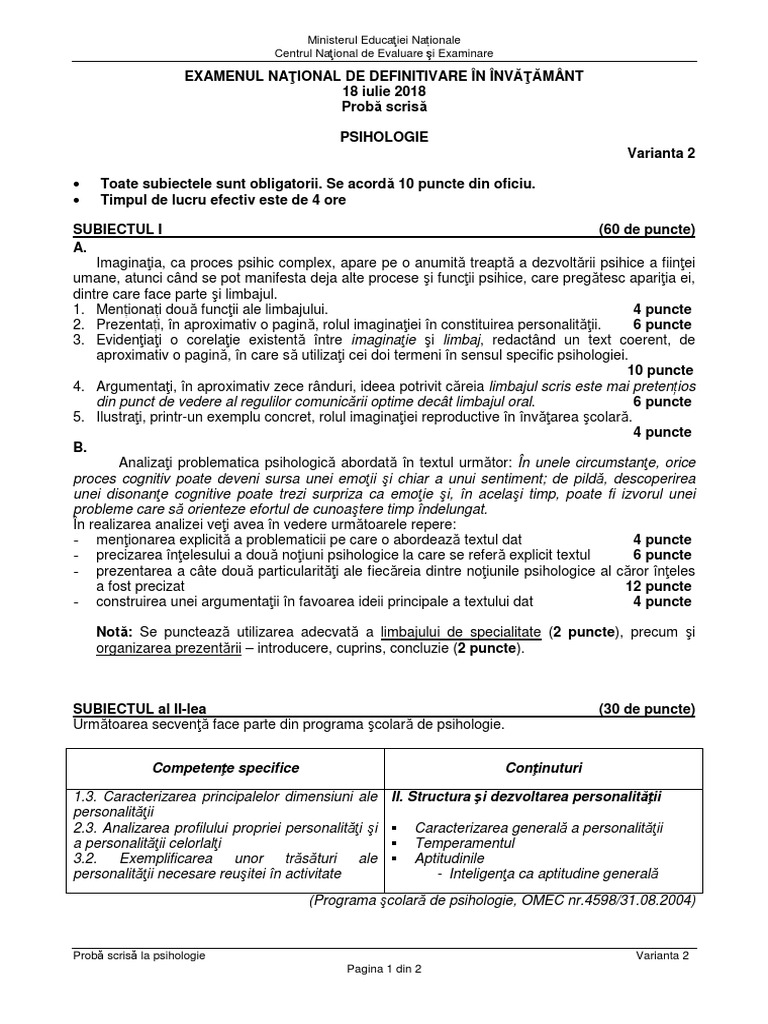 Psihologie Definitivat Subiect 2018 | PDF