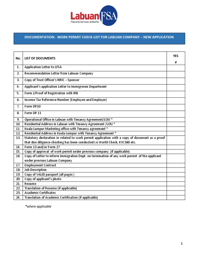 Labuan Company Work Permit Checklist | PDF