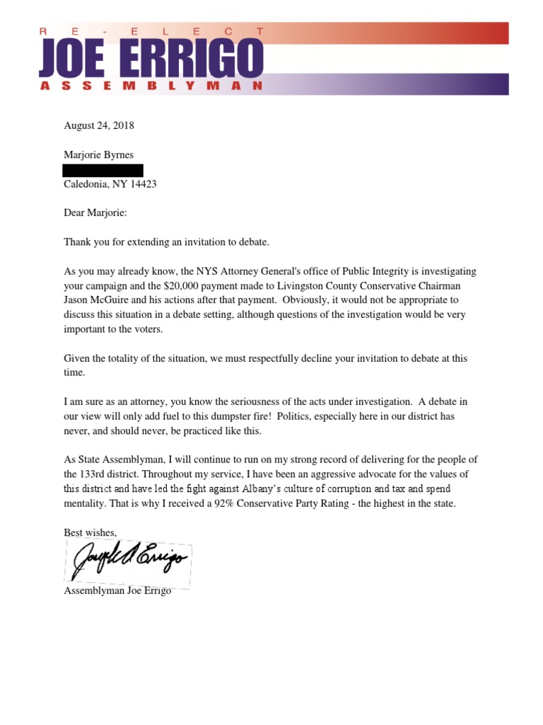 Assemblyman Joe Errigo Letter | PDF | Social Science