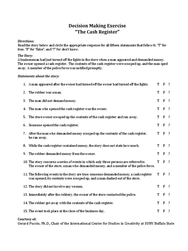 Decision Making Exercise The Cash Register | PDF