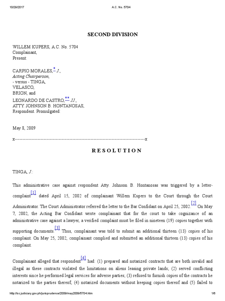 0601 A.C. No. 5704 Willem Kupers v. Atty. Johnson Hontanosas, May 8 ...