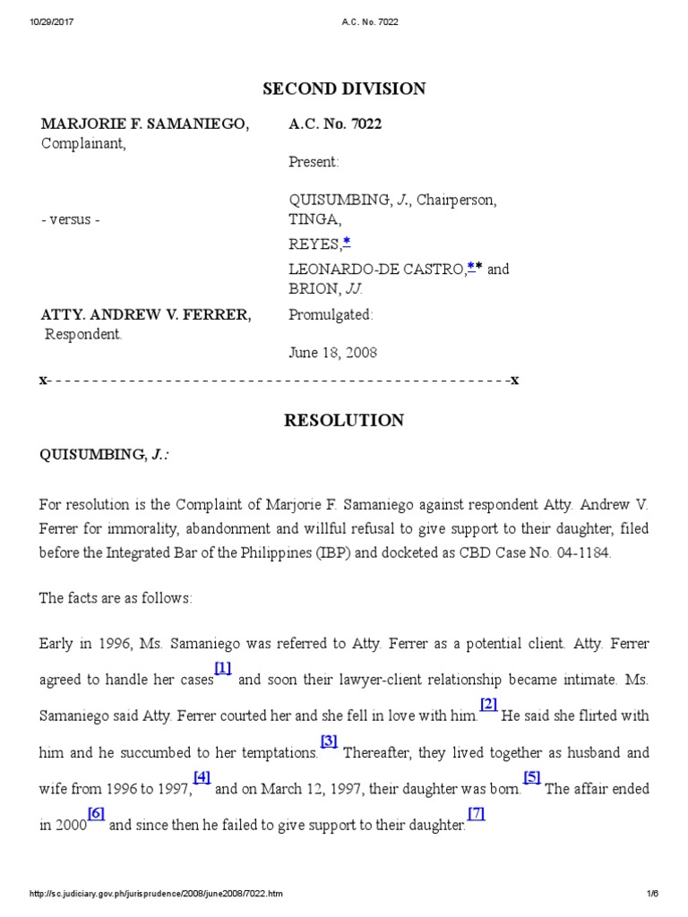 0604 A.C. No. 7622, Marjorie Samanniego v. Atty. Andrew Ferrer, June 18 ...