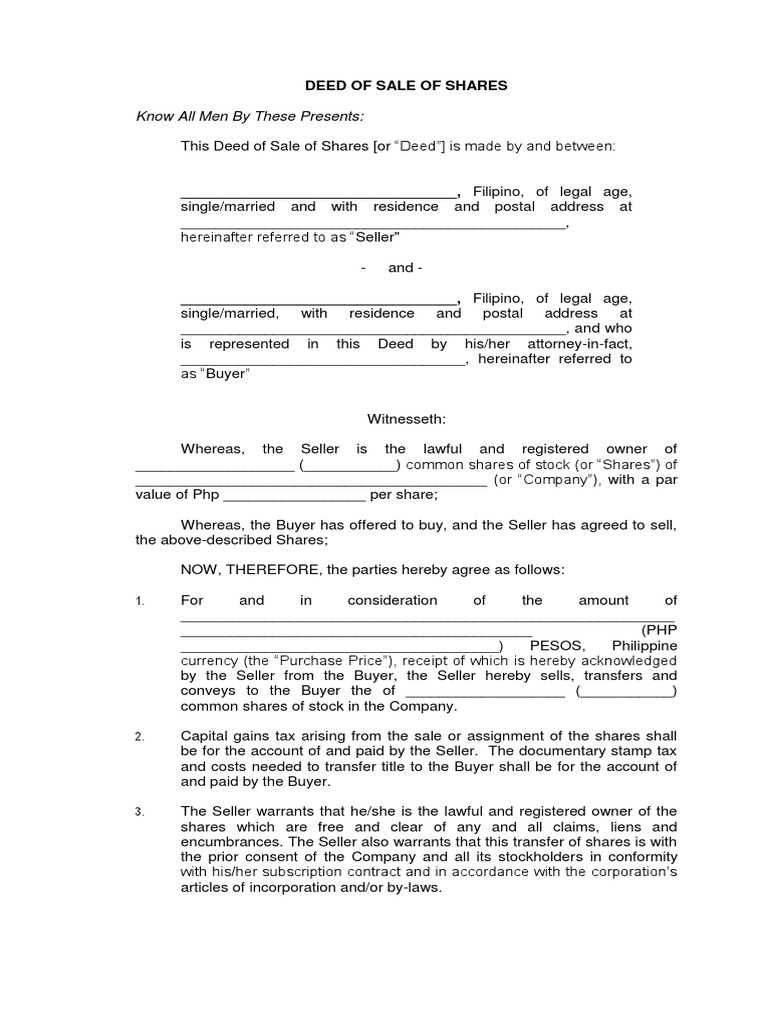 Deed of Sale of Shares - Sample | PDF | Sales | Deed