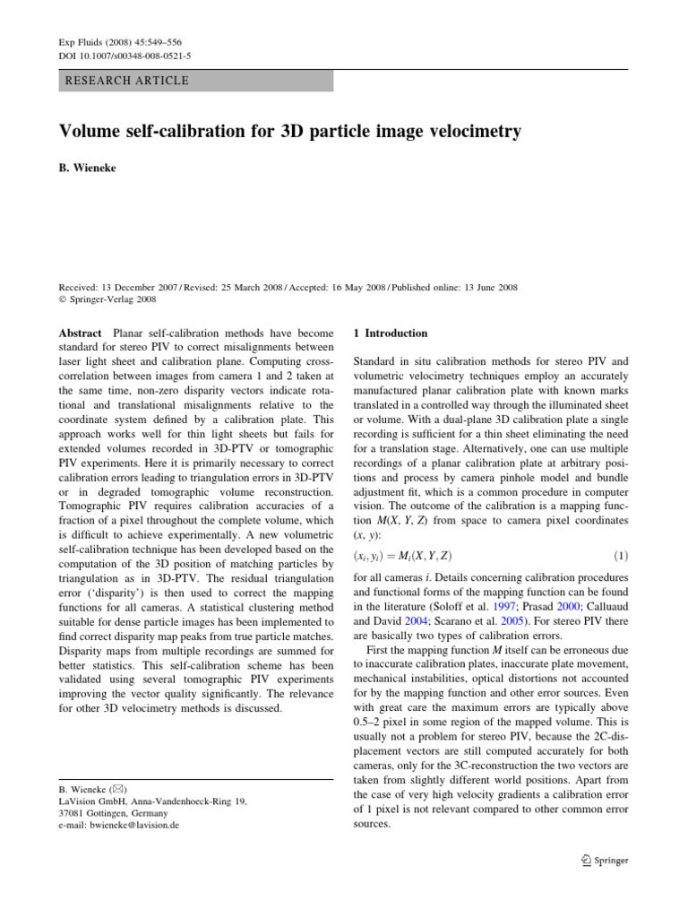 Volume Self-Calibration For 3D Particle Image Velocimetry: Ó Springer ...