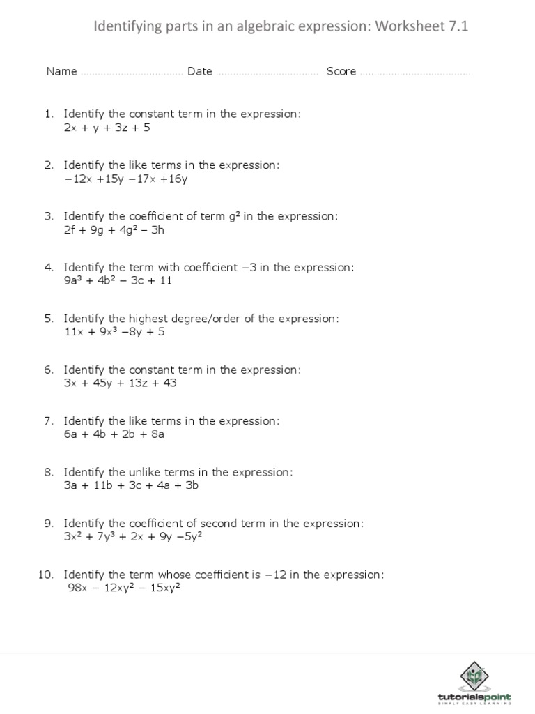 Identifying Parts Of An Expression Worksheet
