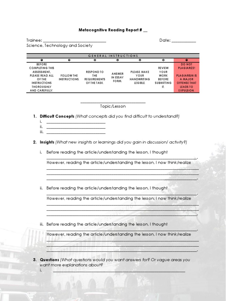 Metacognitive Reading Report - STS | PDF | Metacognition | Plagiarism