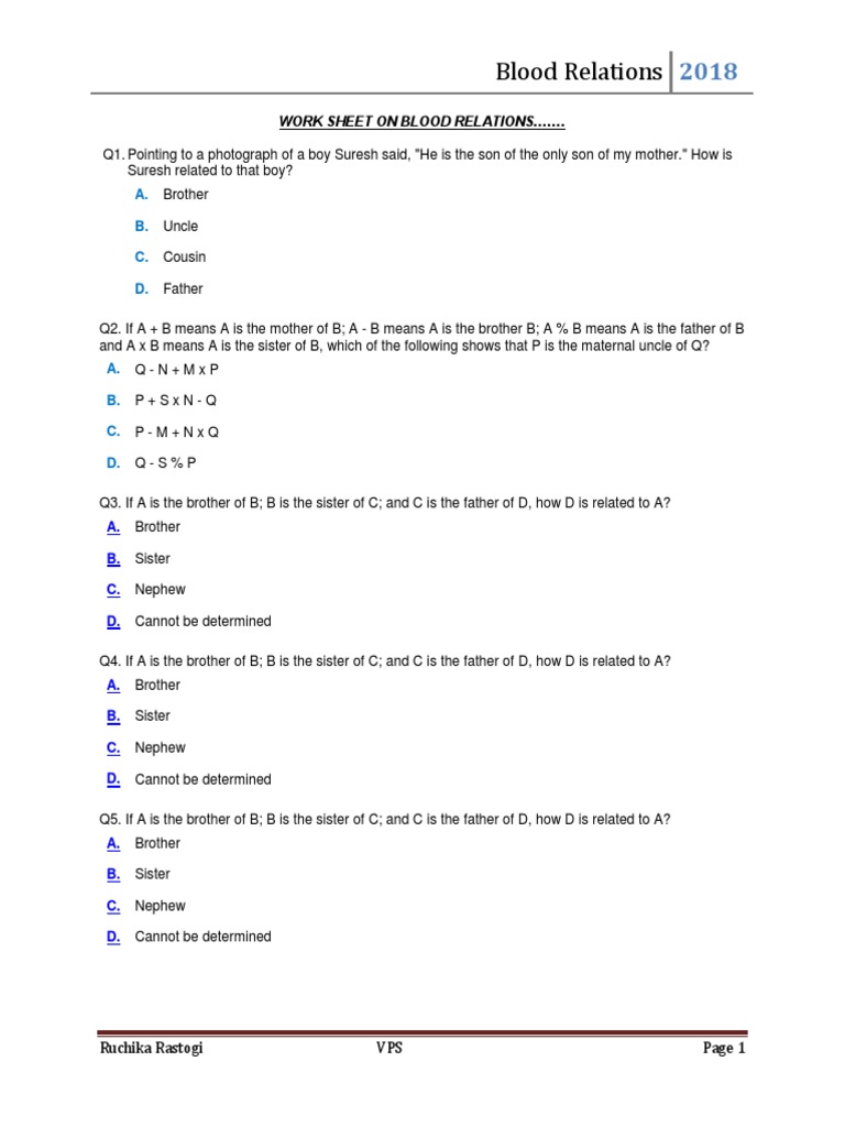 Blood Relation Questions Worksheet | PDF | Human Reproduction ...