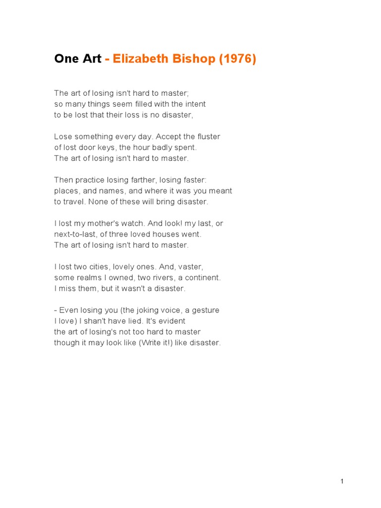 One Art: - Elizabeth Bishop (1976) | PDF | Nature