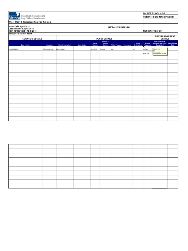 Plant Register Template | Drill | Welding