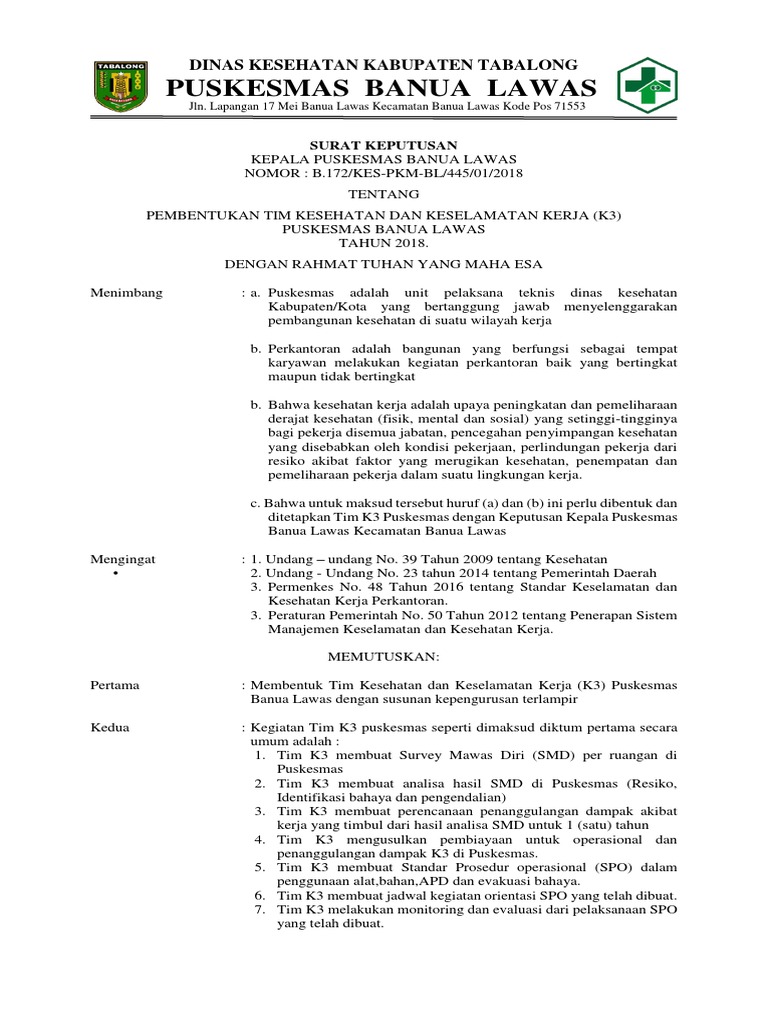 SK K3 Puskesmas | PDF