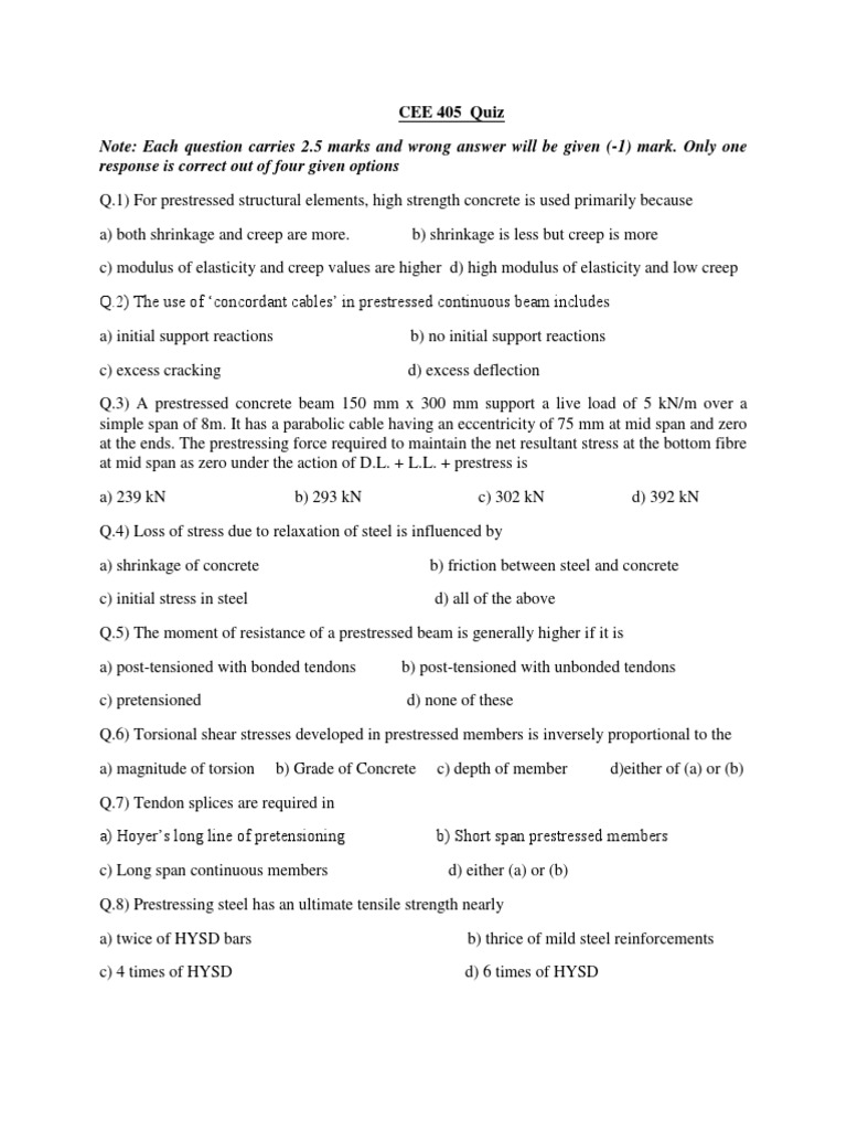 Prestressed Concrete Quiz | PDF
