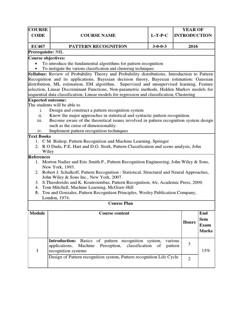 Ec 467 Pattern Recognition | PDF | Pattern Recognition | Statistical Classification