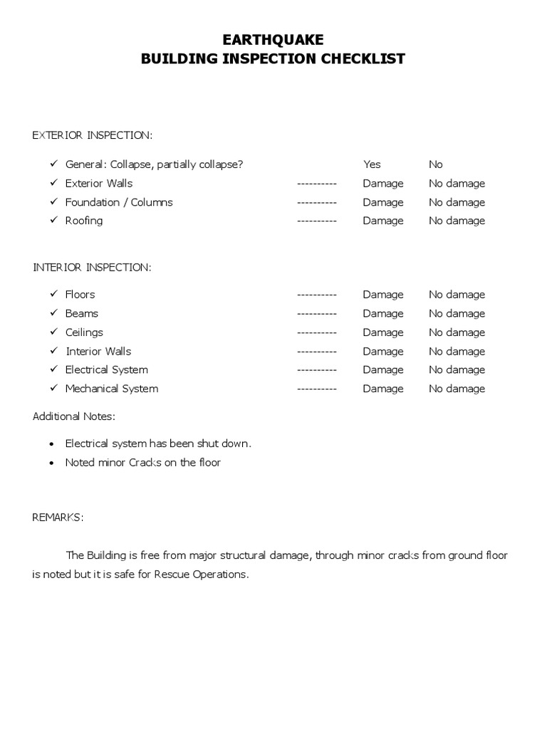 Earthquake Building Inspection Checklist | PDF | Geology | Natural Hazards