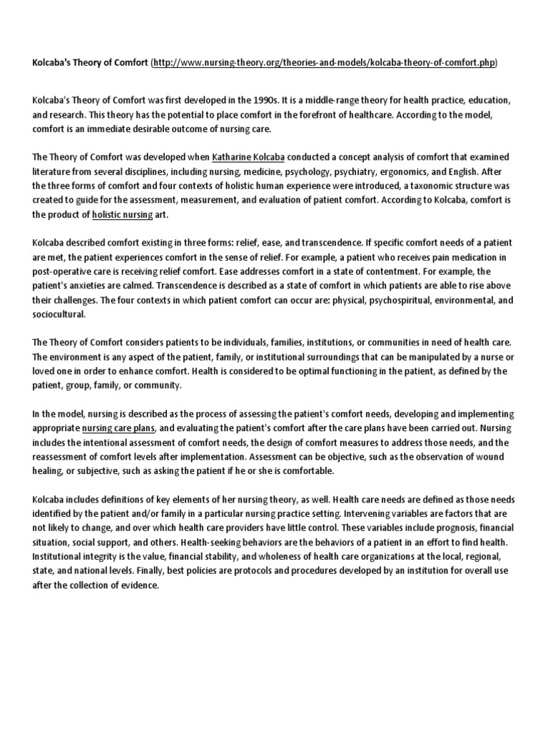 Kolcaba's Theory of Comfort | Nursing | Patient