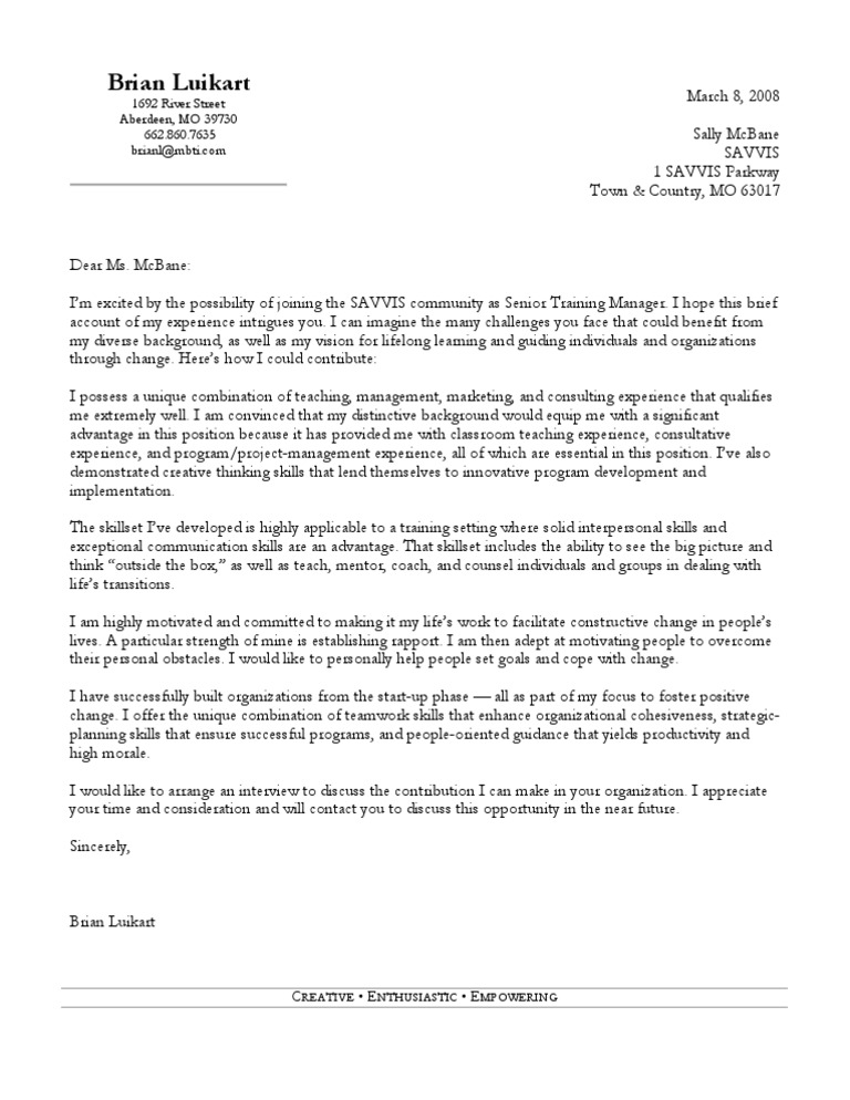 Sample Training Manager Cover Letter | PDF | Mentorship | Teaching