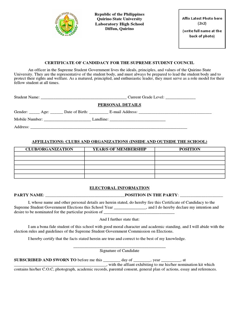 SSG Certificate of Candidacy Form | PDF | Government | Social Institutions
