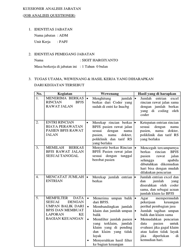 Kuesioner Analisis Jabatan | PDF