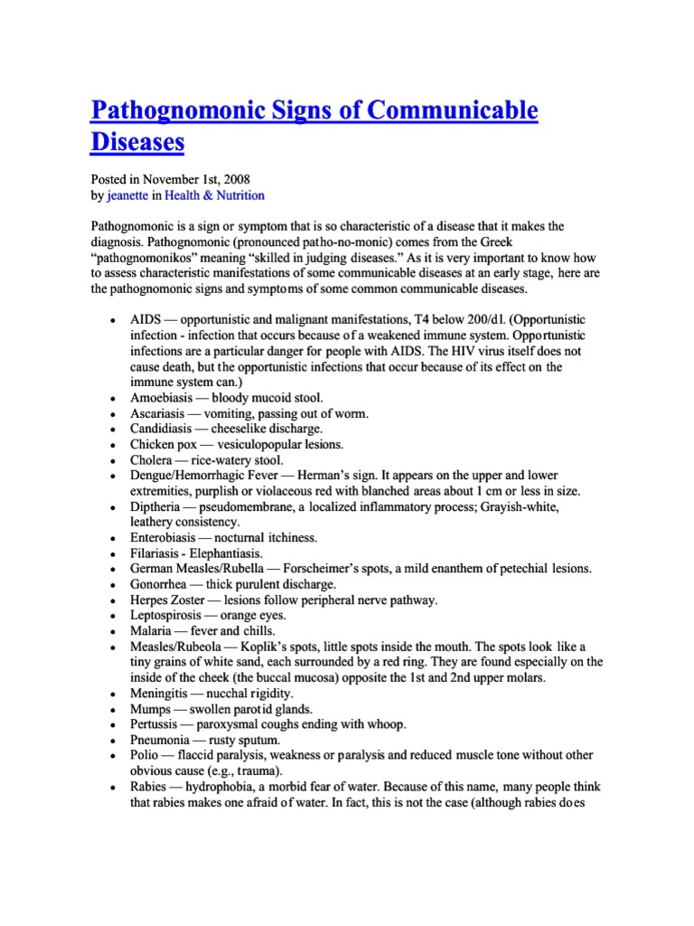 Pathognomonic Signs of Communicable Diseases PDF | PDF | Infection ...