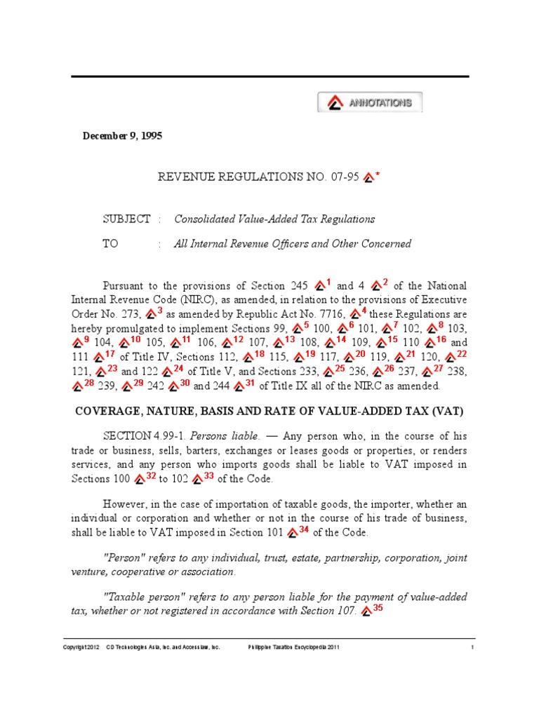 RR 7-95 Consolidated VAT | PDF | Value Added Tax | Securities (Finance)