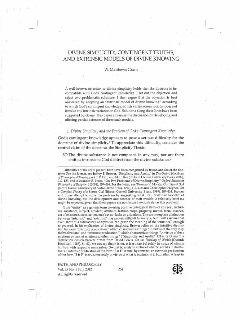 Divine Simplicity, Contingent Truths, and Extrinsic Models of Divine ...