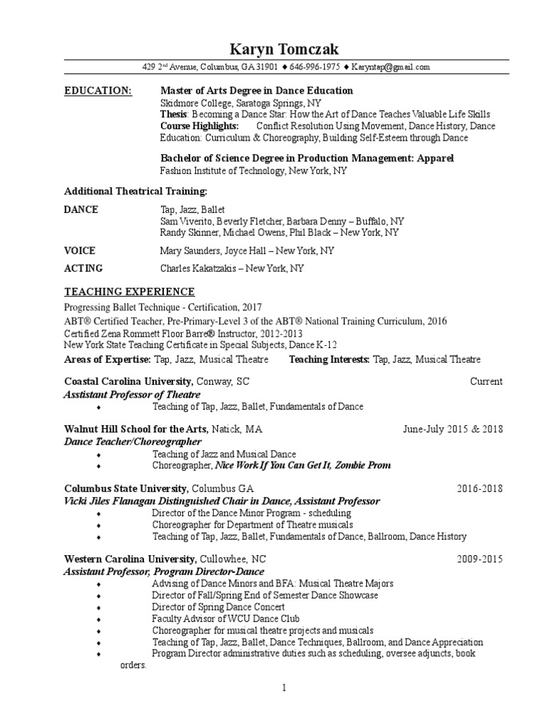 Karyn Tomczak-Curriculum Vitae-Current | PDF | Dances | Musical Theatre