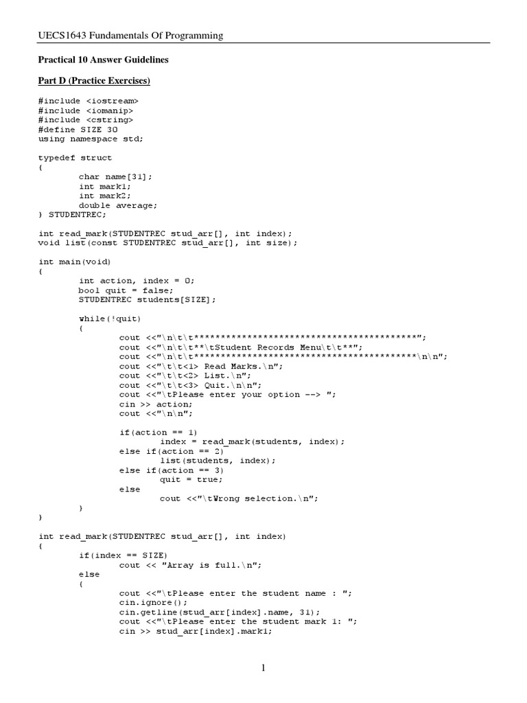 UECS1643 Fundamentals of Programming: Practical 10 Answer Guidelines Part D (Practice Exercises ...