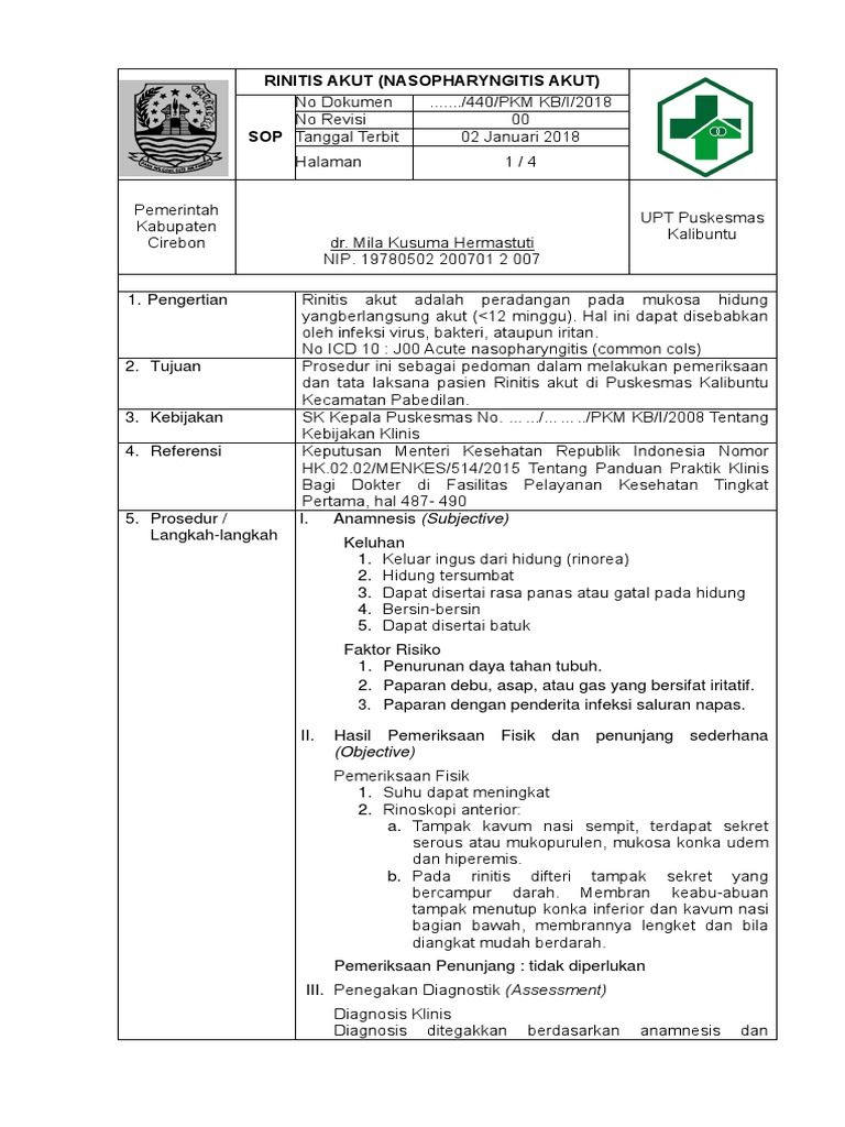 SOP Rinitis Akut (Nasopharyngitis) | PDF