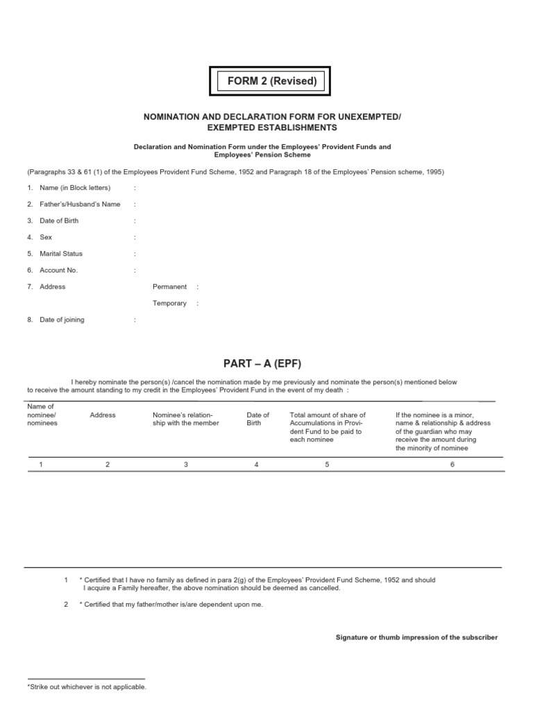 FORM 2 (Revised) : Nomination and Declaration Form For Unexempted/ Exempted Establishments ...