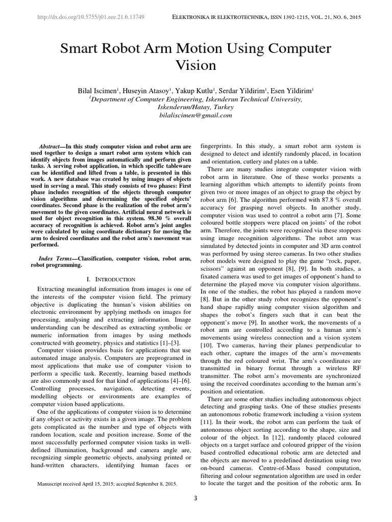 Smart Robot Arm Motion Using Computer Vision | PDF | Computer Vision ...