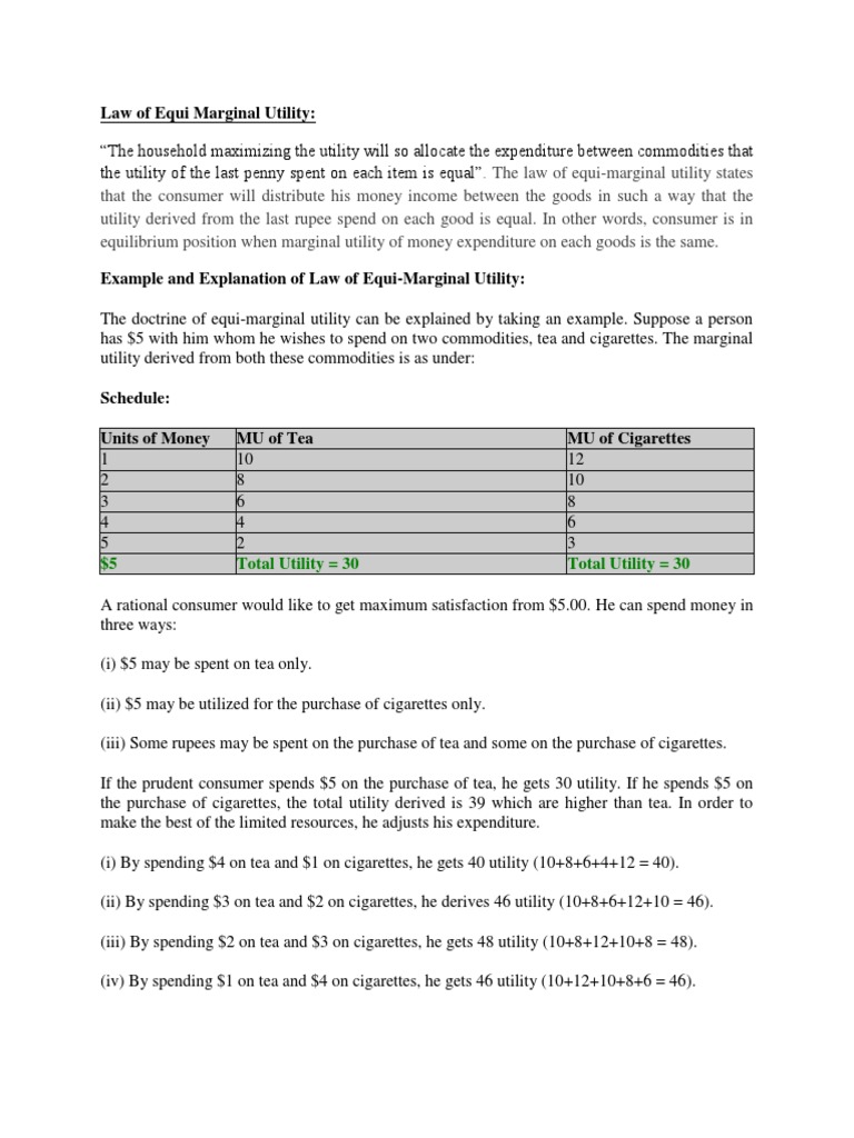 Law of Equi Marginal Utility | PDF | Utility | Marginal Utility