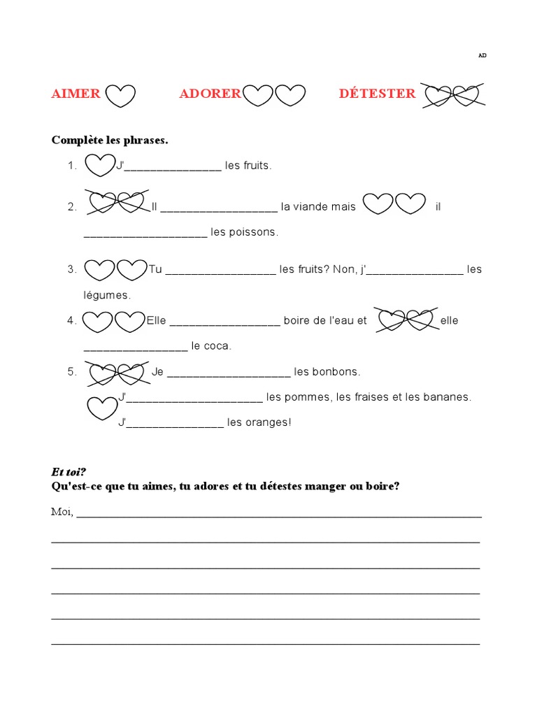 Exercices sur les verbes aimer et détester | PDF | Arts du langage et ...