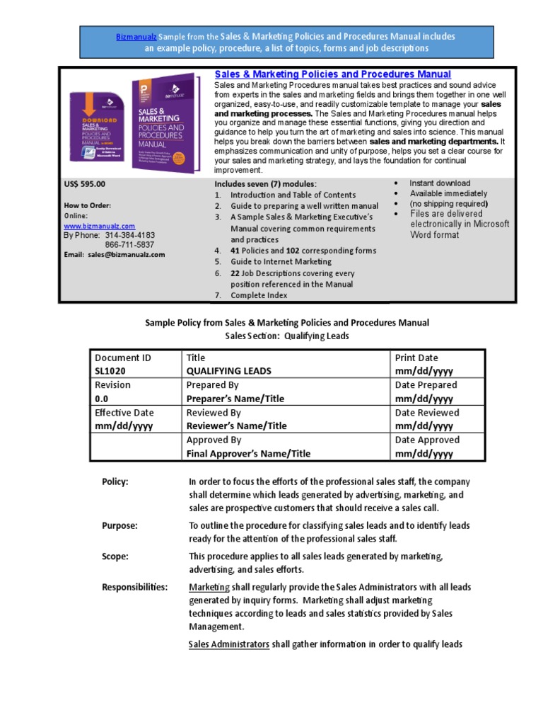 Bizmanualz Sales Marketing Policies and Procedures Sample | PDF | Sales ...