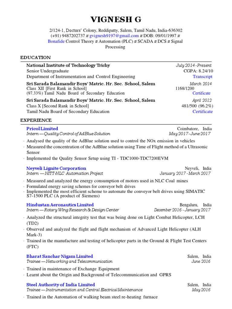2017-8-23 Vignesh Gurumurthy CV | PDF | Instrumentation | Automation